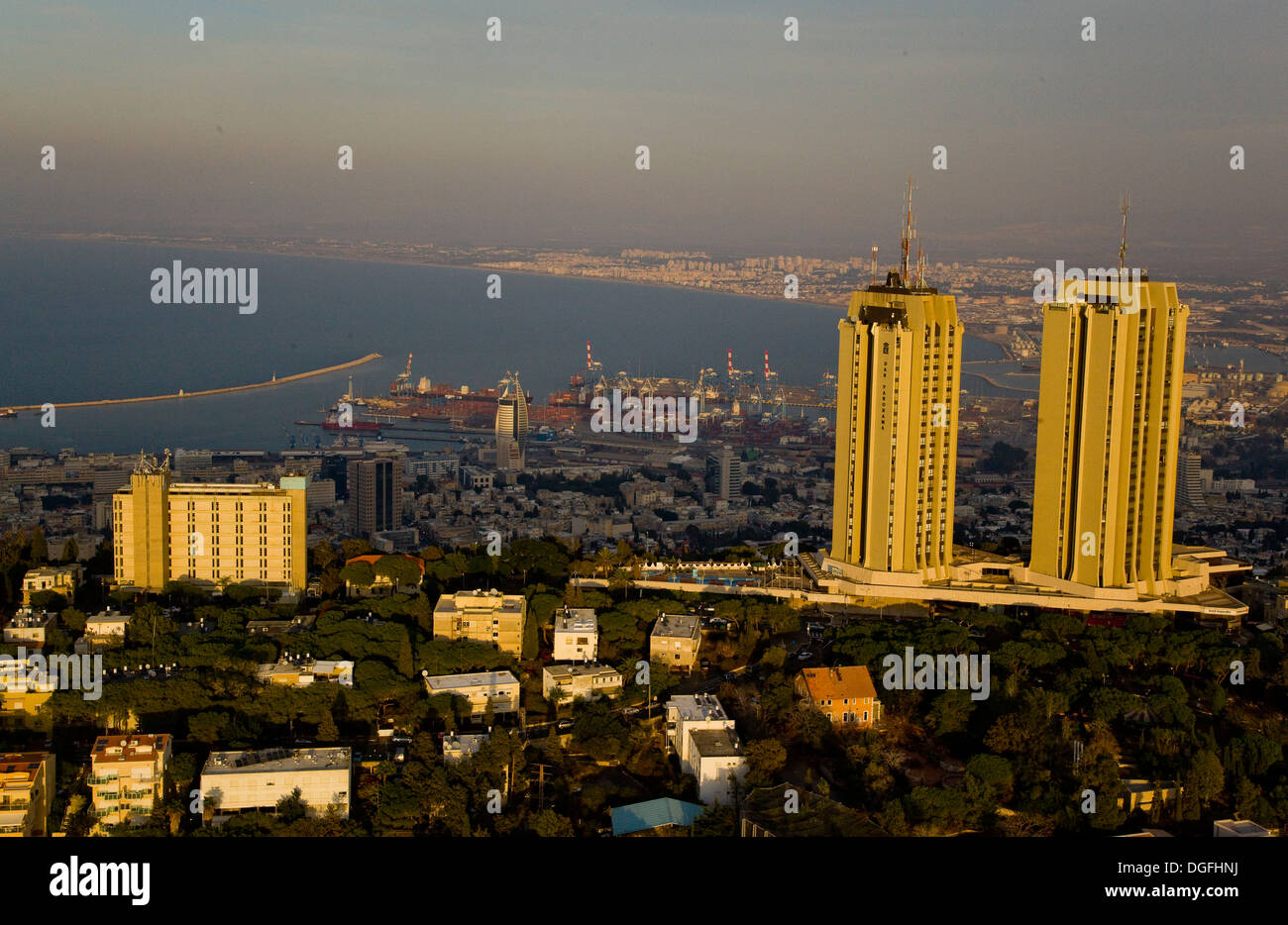 An aerial photo of Dan Carmel hotel and Dan Panorama hotel in Haifa ...