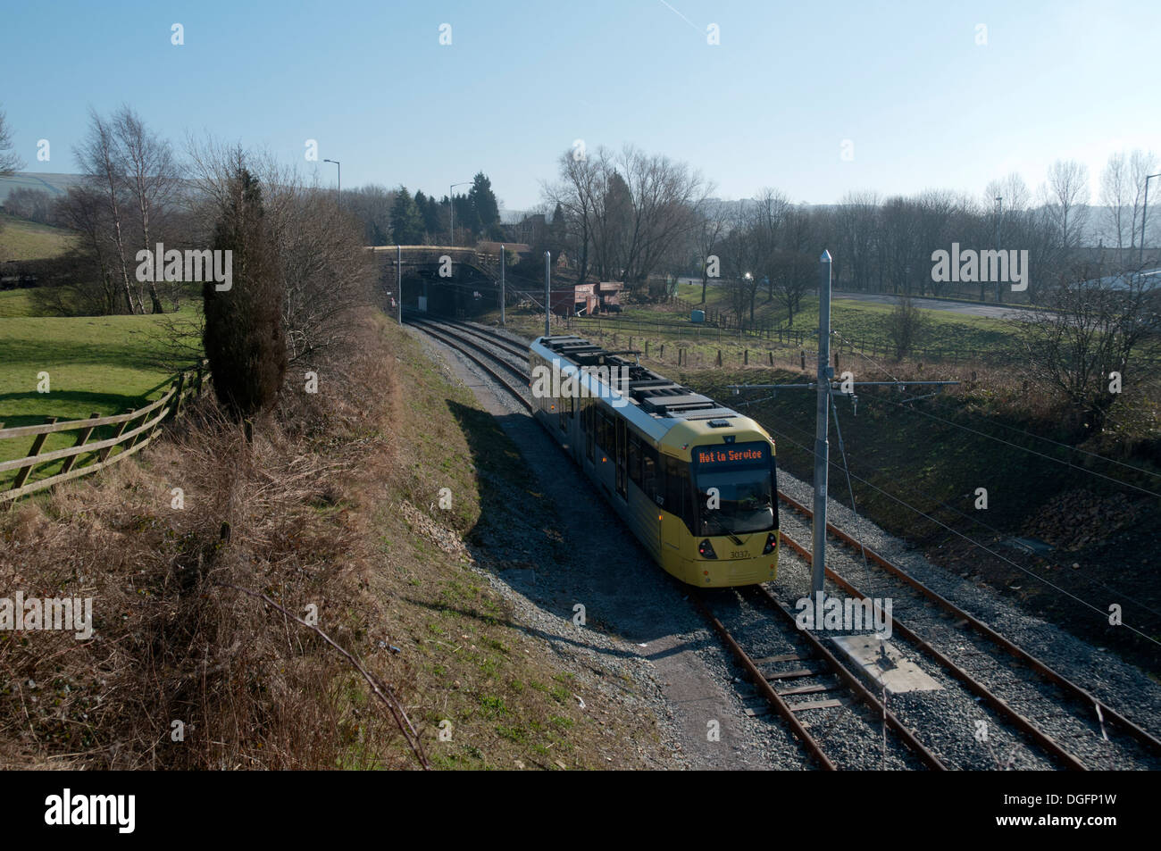 Metrolink tram on the Oldham-Rochdale line between Newhey and Milnrow ...