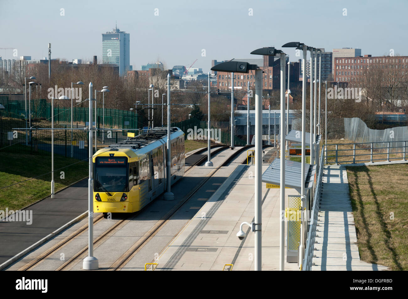 Metrolink tram at the Etihad Campus stop, on the East Manchester Line ...