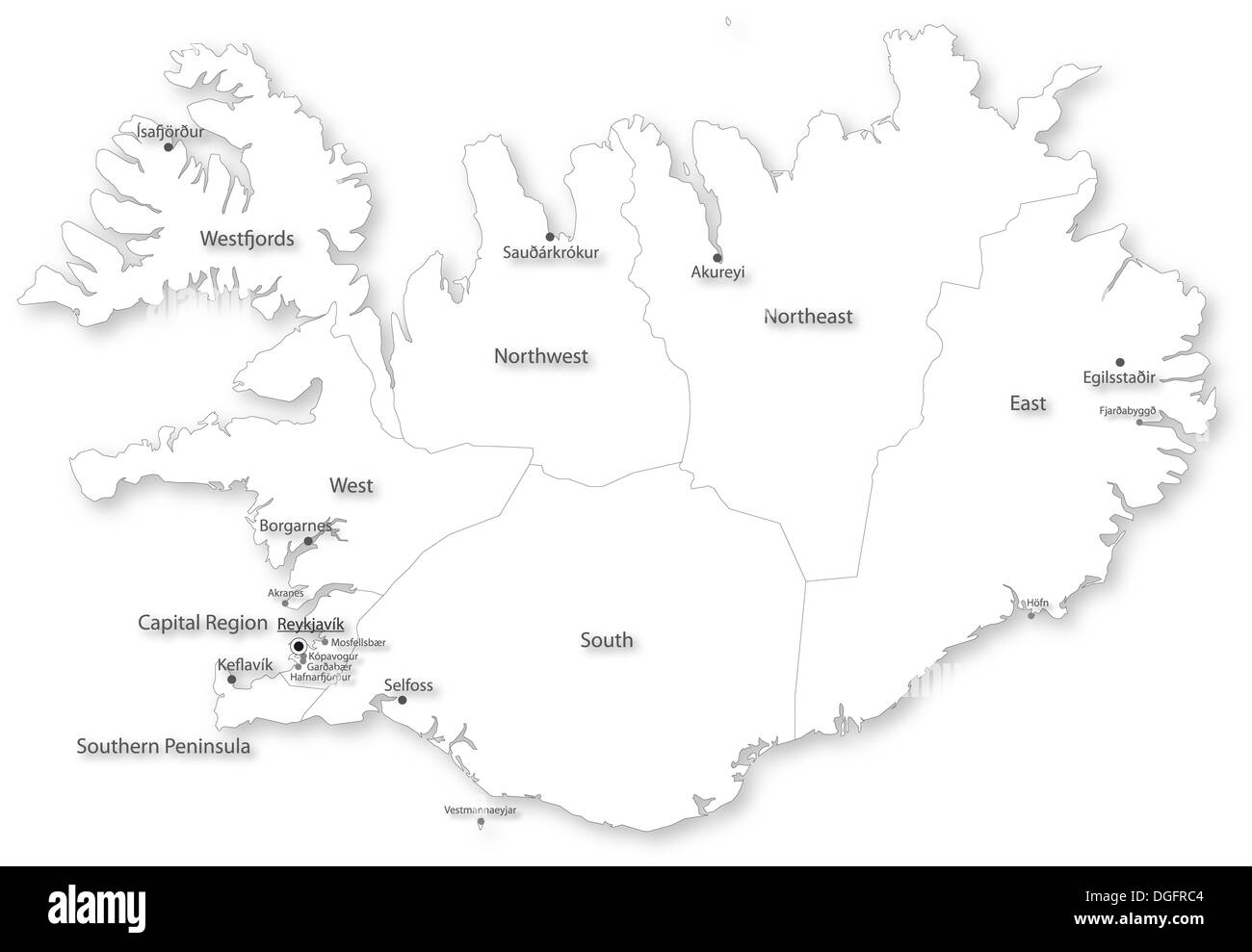 Map of Iceland with regions and cities on white. Projected in WGS 84 ...