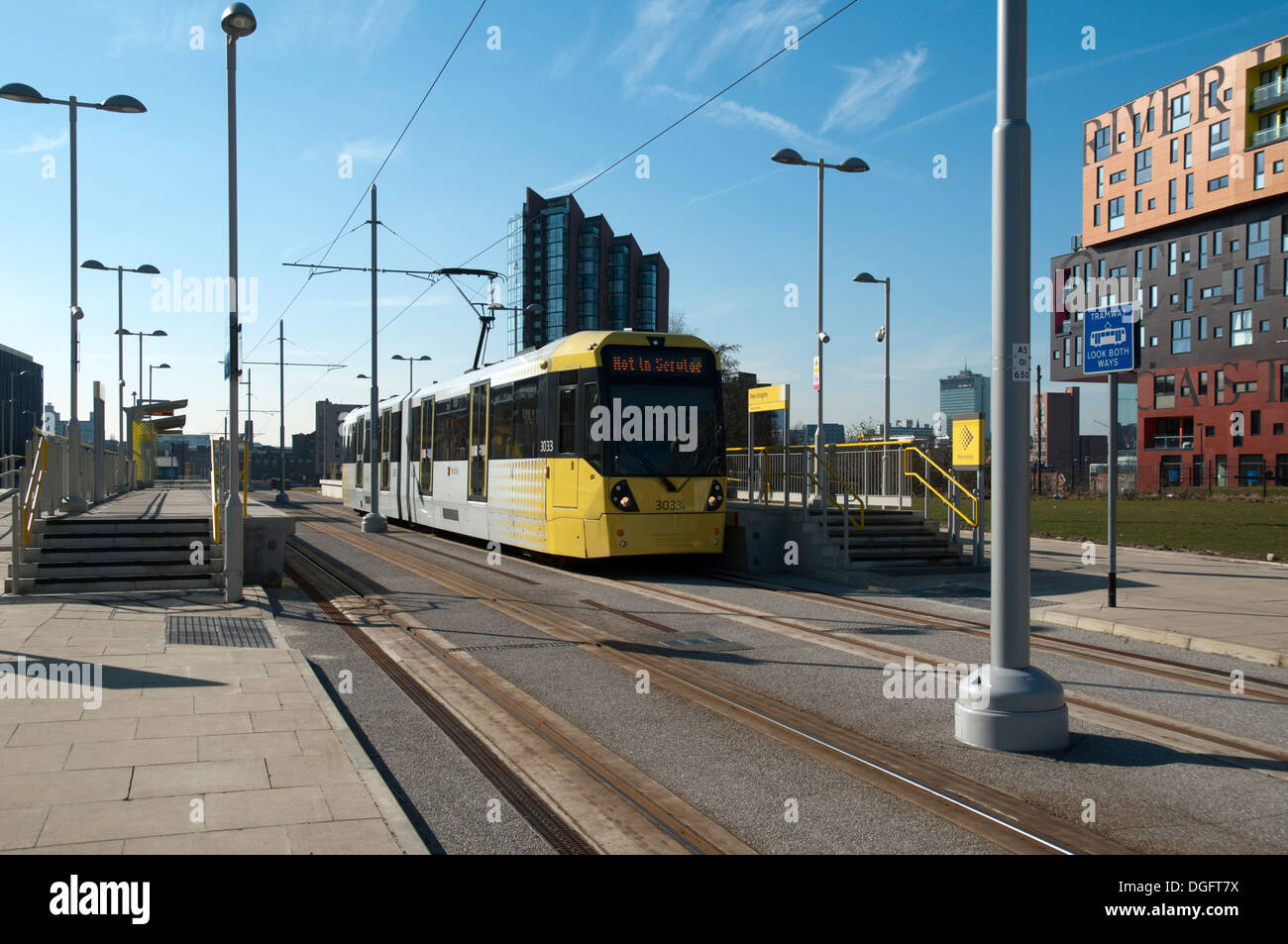 Metrolink tram at the New Islington stop, on the East Manchester Line ...