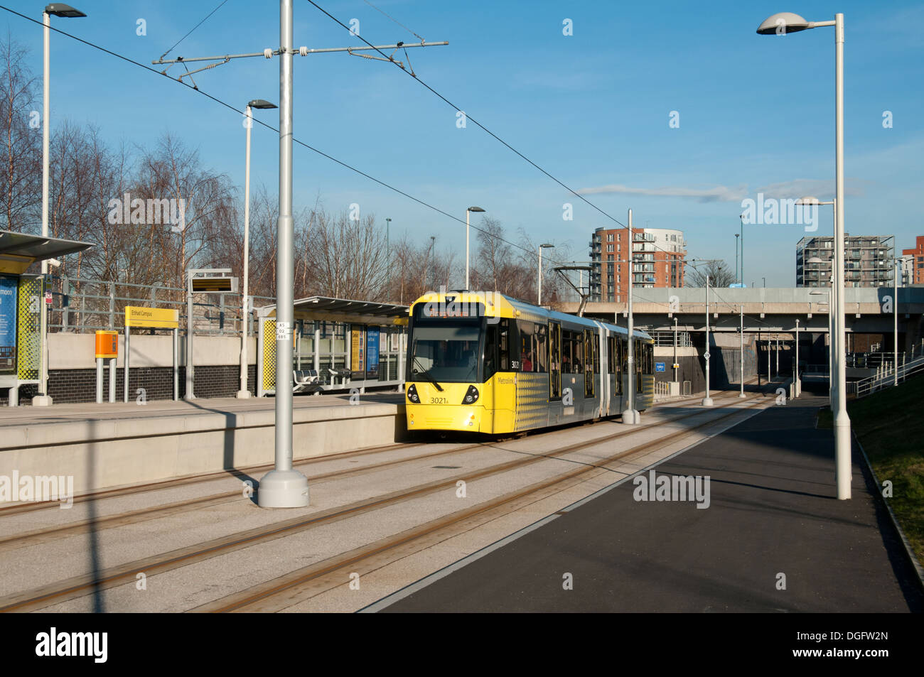 Metrolink tram at the Etihad Campus tram stop, on the East Manchester ...