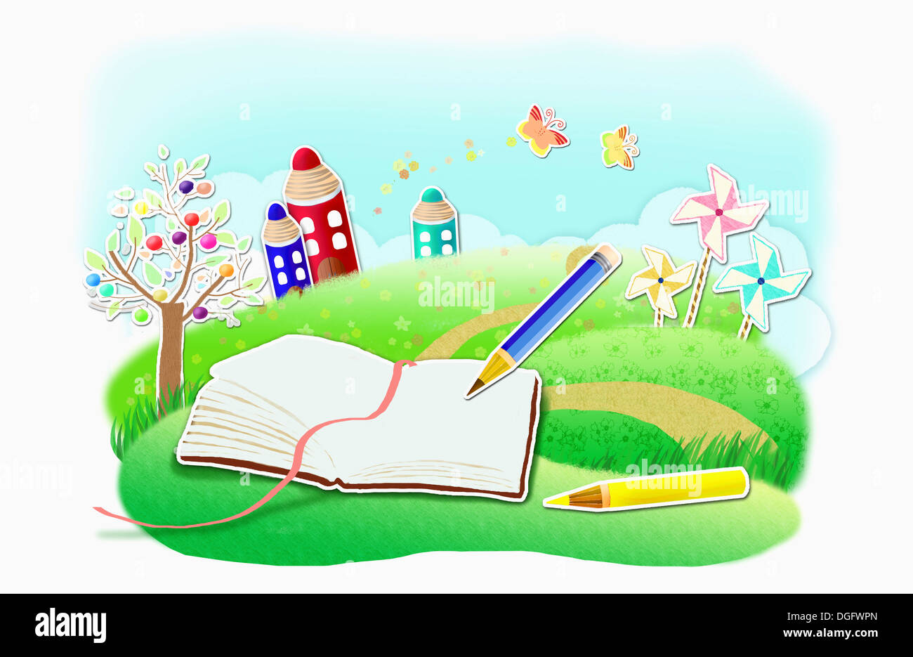 illustration of a land with pencils and a book Stock Photo - Alamy
