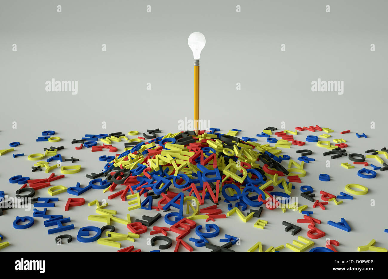 a pile of letters and a pen with a light bulb on top Stock Photo - Alamy