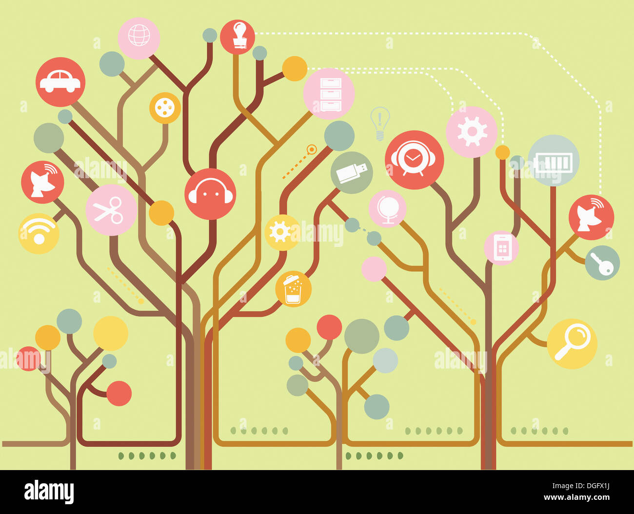 illustration of tree like figures with icons Stock Photo - Alamy