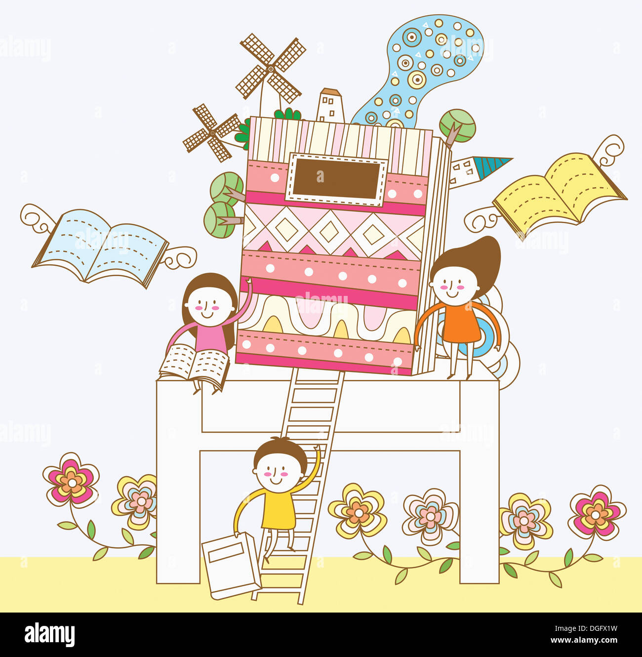 illustration of children reading a book on a table Stock Photo - Alamy