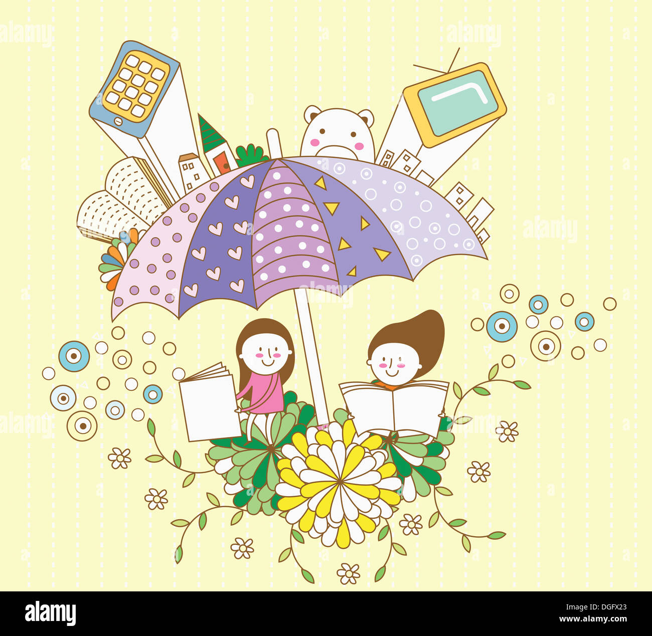 illustration of children reading books under umbrella Stock Photo - Alamy