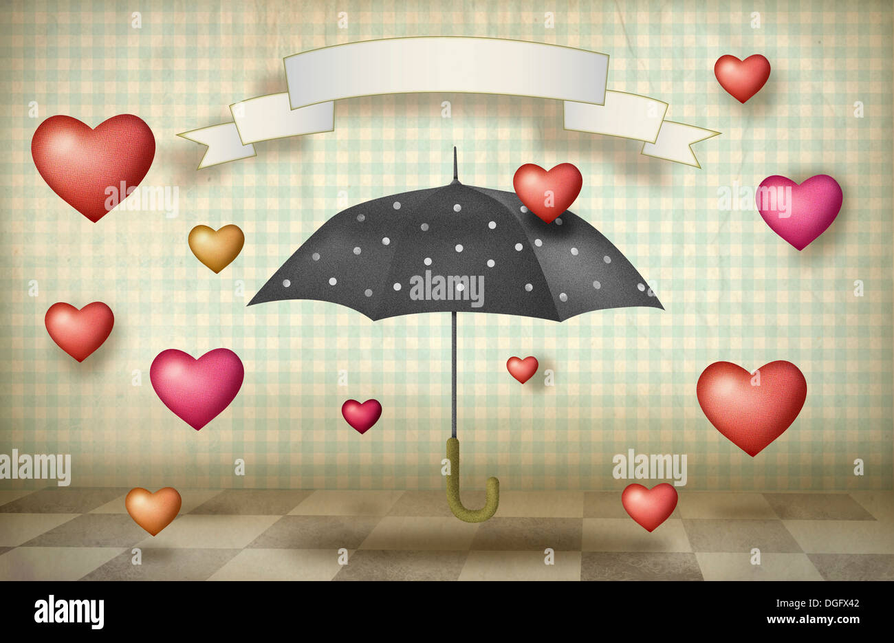 illustration of a hearts raining on an umbrella Stock Photo - Alamy
