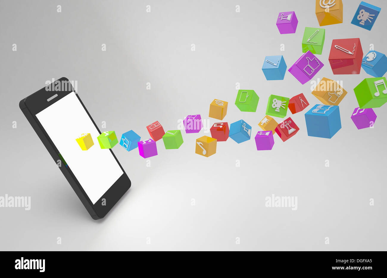 a smart phone with different color cubes coming out of it Stock Photo ...