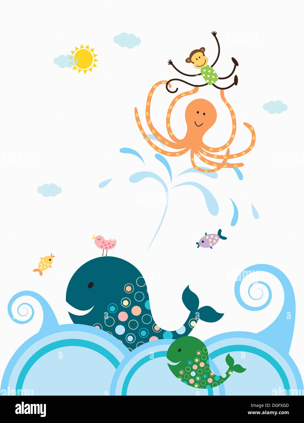illustration of a monkey on a octopus Stock Photo - Alamy