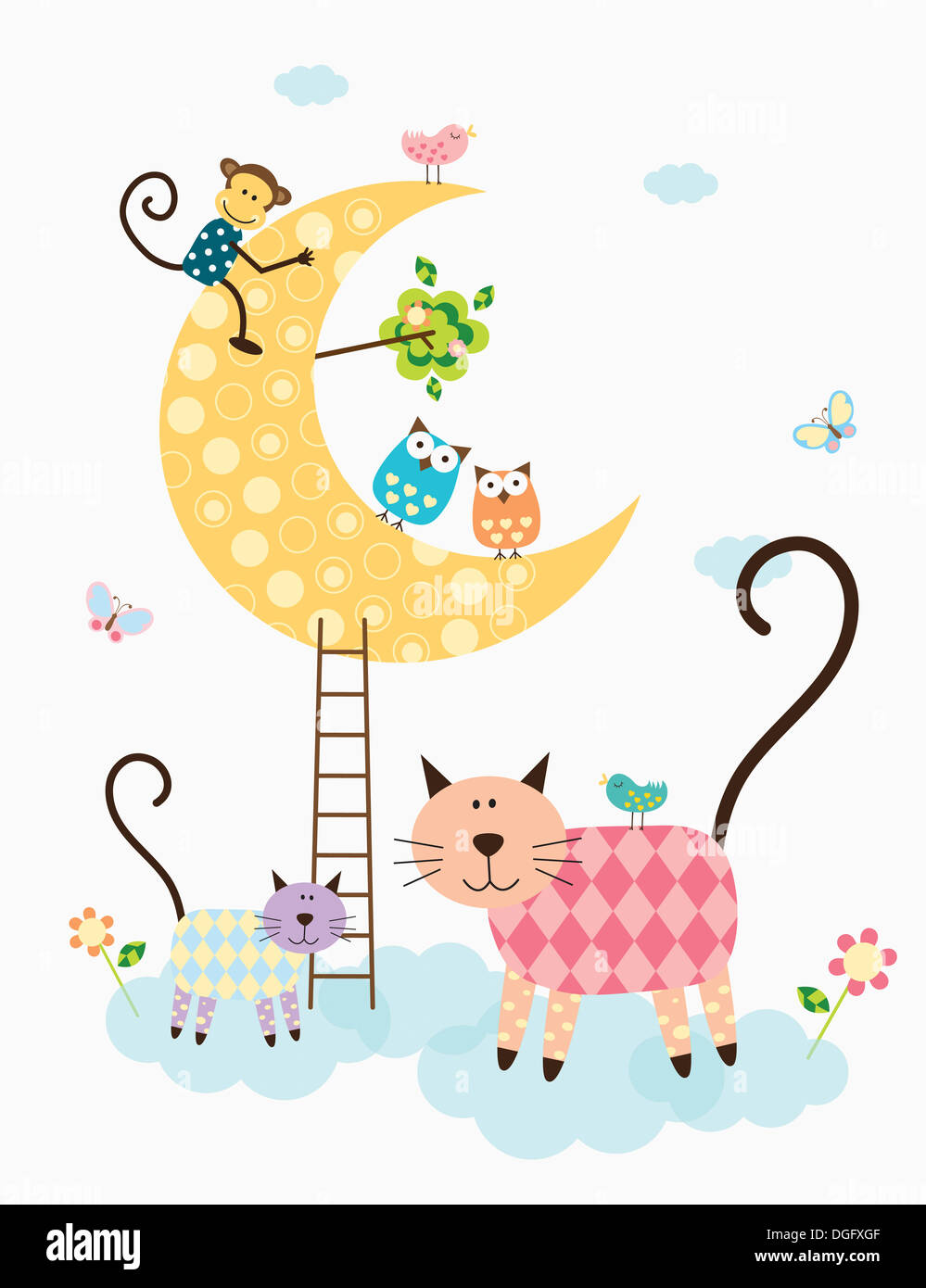 illustration of a monkey hugging a moon over cats Stock Photo - Alamy
