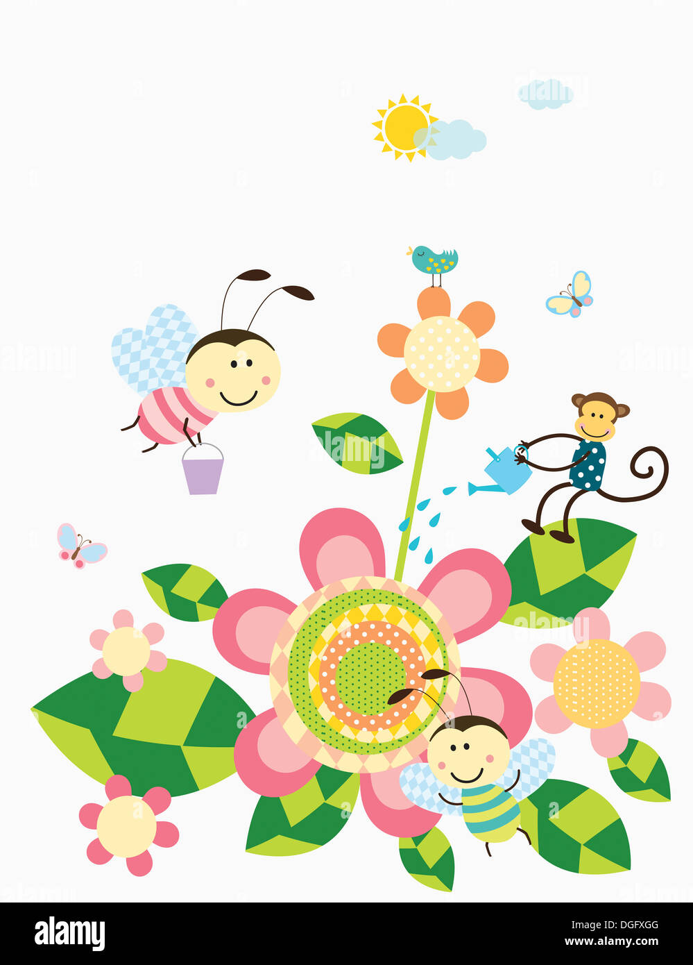 illustration of a monkey and bee watering flowers Stock Photo - Alamy