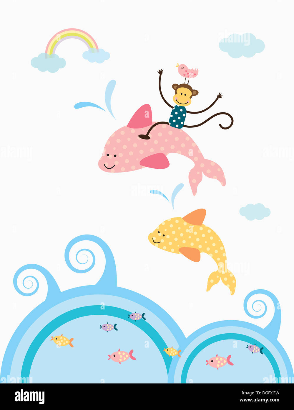 illustration of a monkey riding dolphins in the sea Stock Photo - Alamy