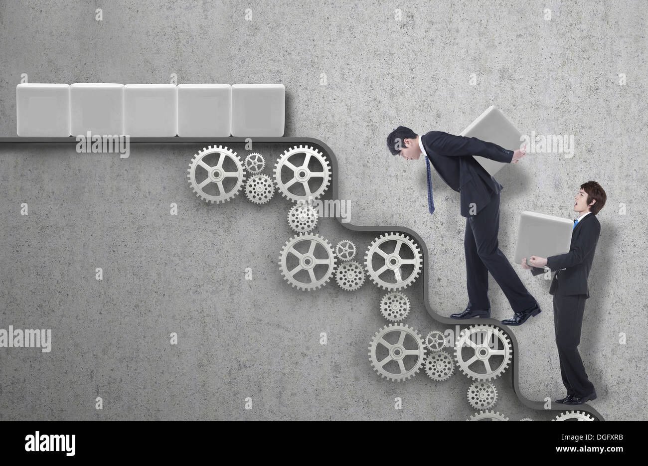 business men holding boxes climbing up stairs with gears Stock Photo ...