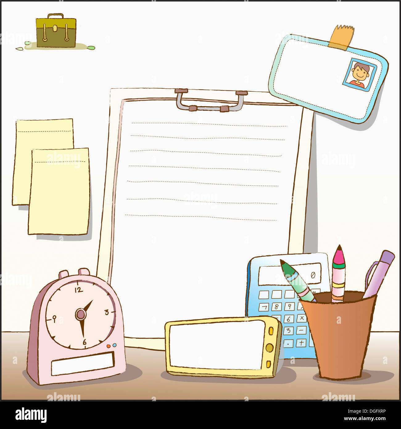 illustration of items related to work desk Stock Photo - Alamy