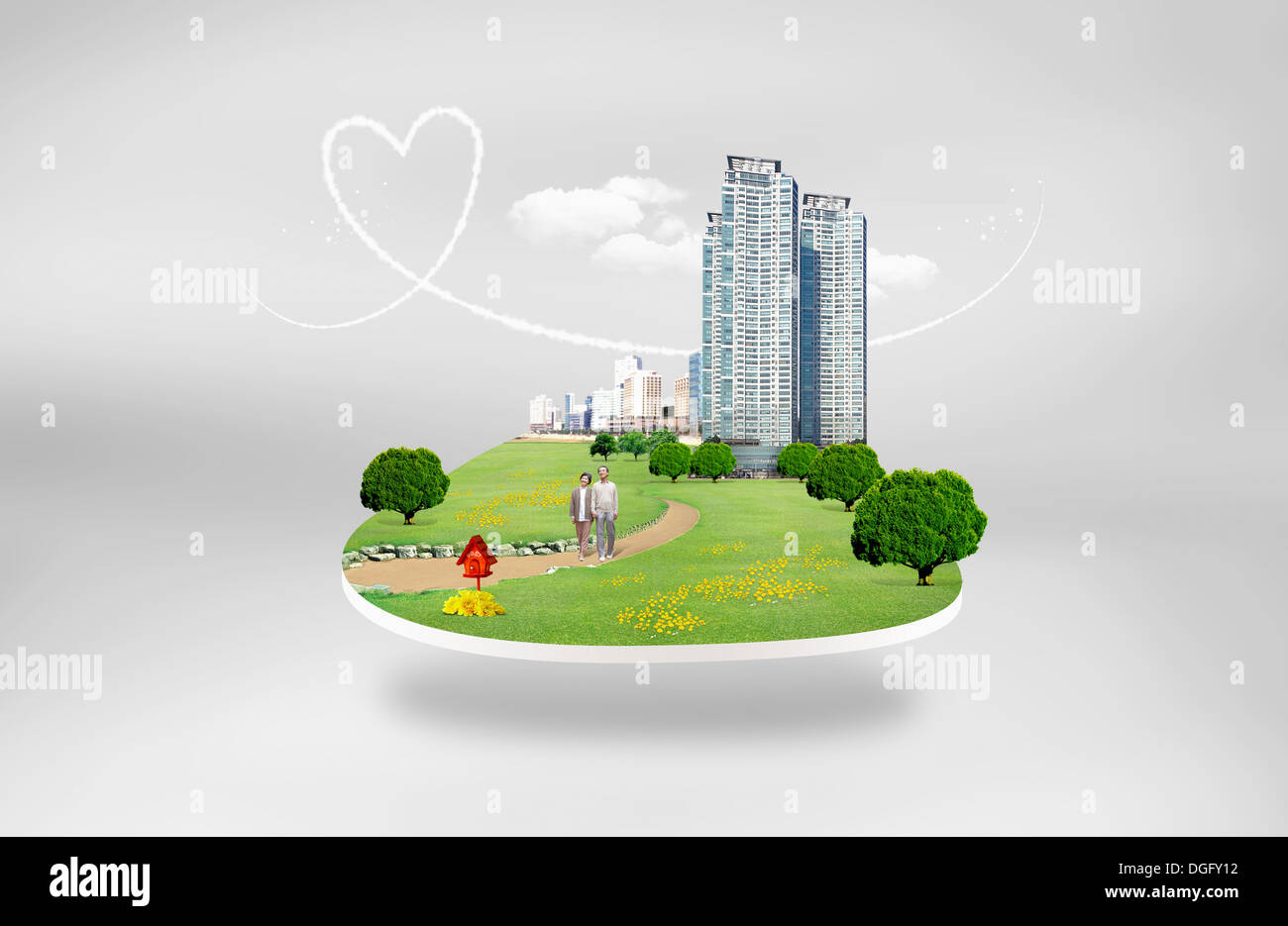 illustration of a round land with buildings Stock Photo - Alamy