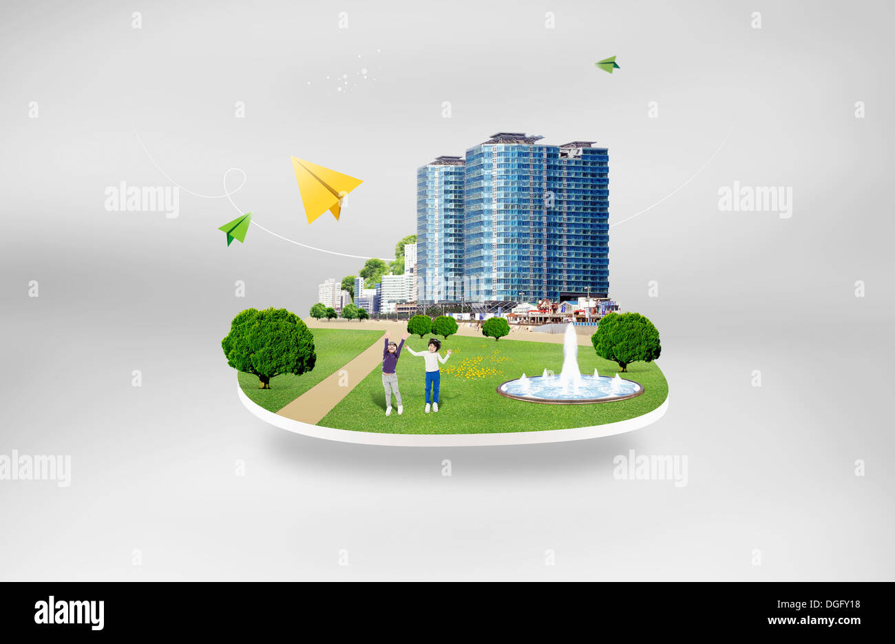 illustration of a round land with buildings Stock Photo - Alamy