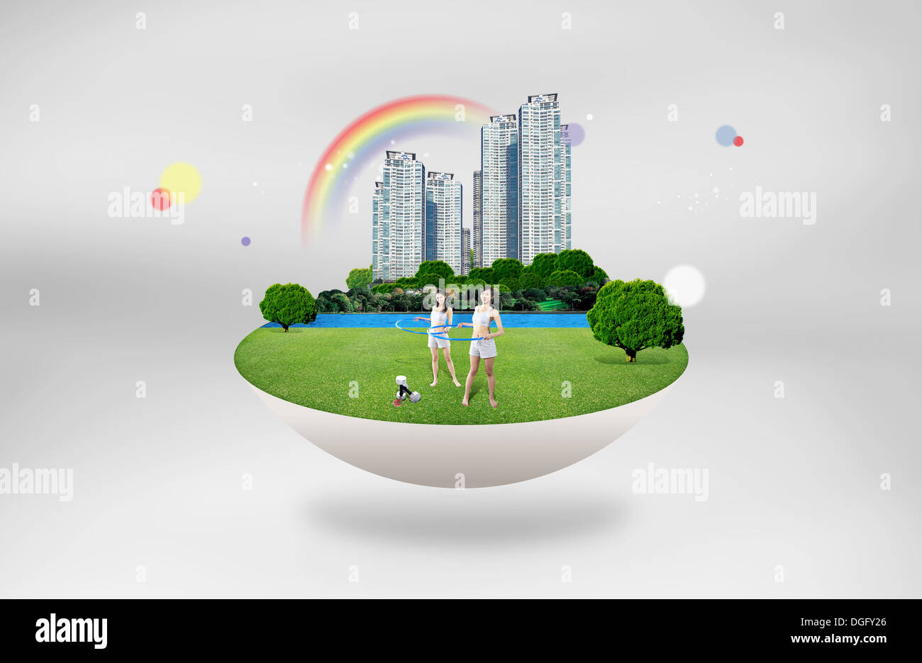 illustration of a round land with buildings Stock Photo - Alamy
