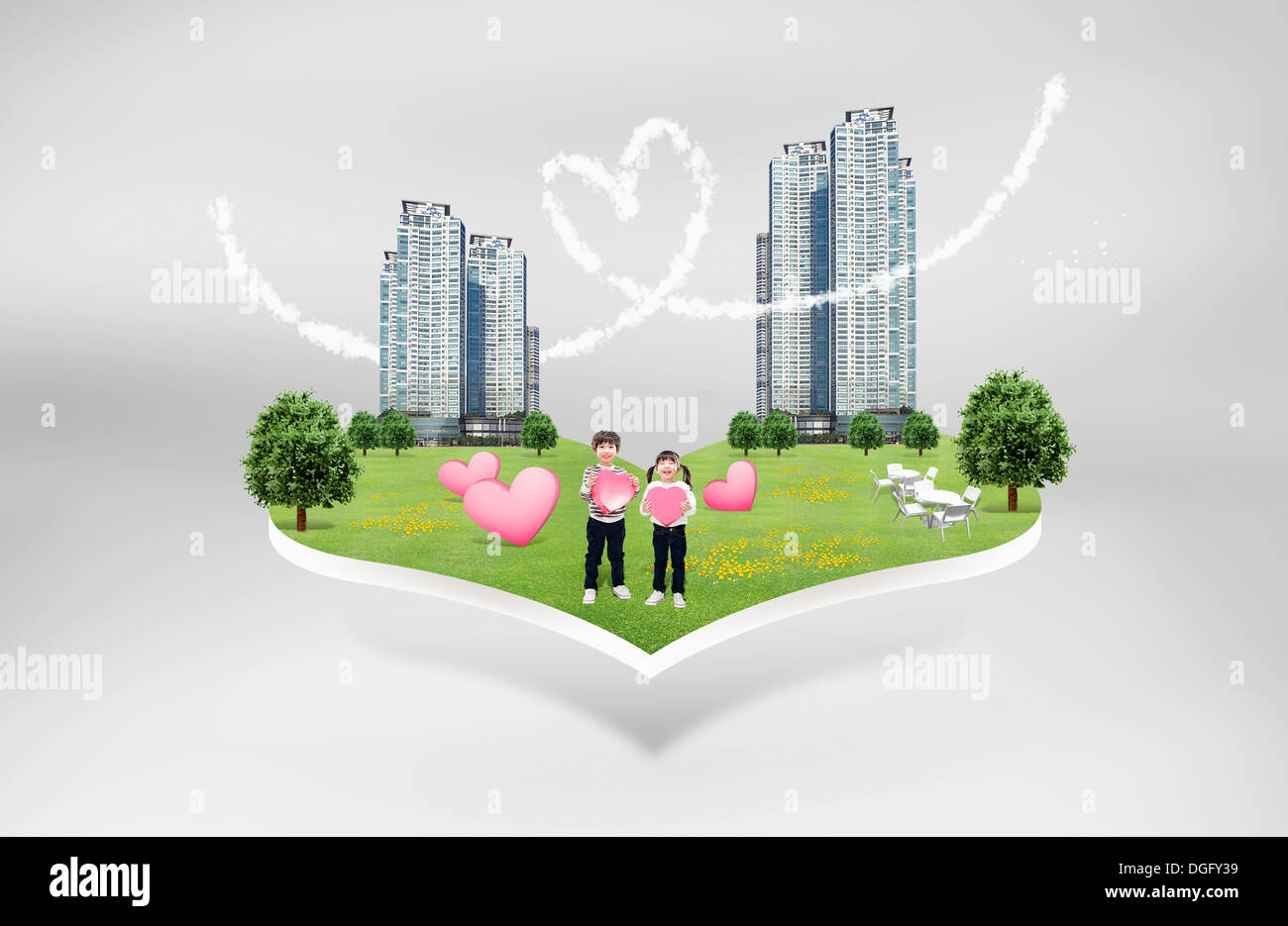 illustration of a heart shape land with buildings Stock Photo - Alamy