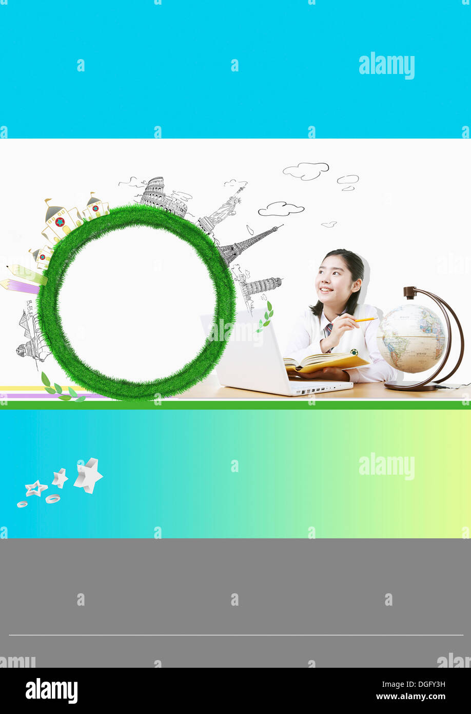 education booklet template featuring a girl studying world Stock Photo ...