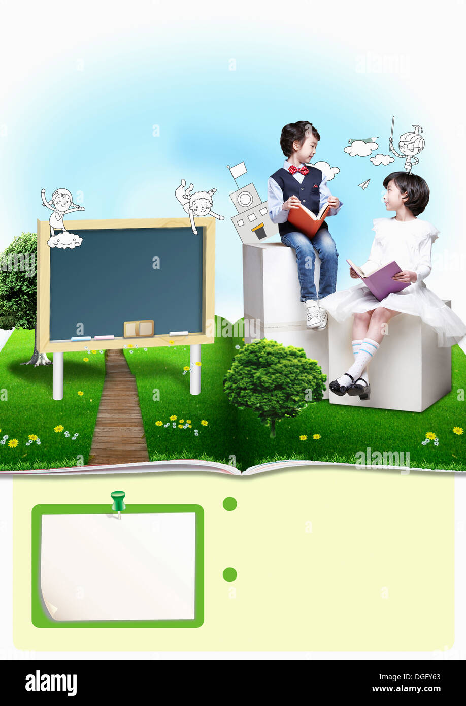 education booklet template featuring kids sitting on boxes next to ...