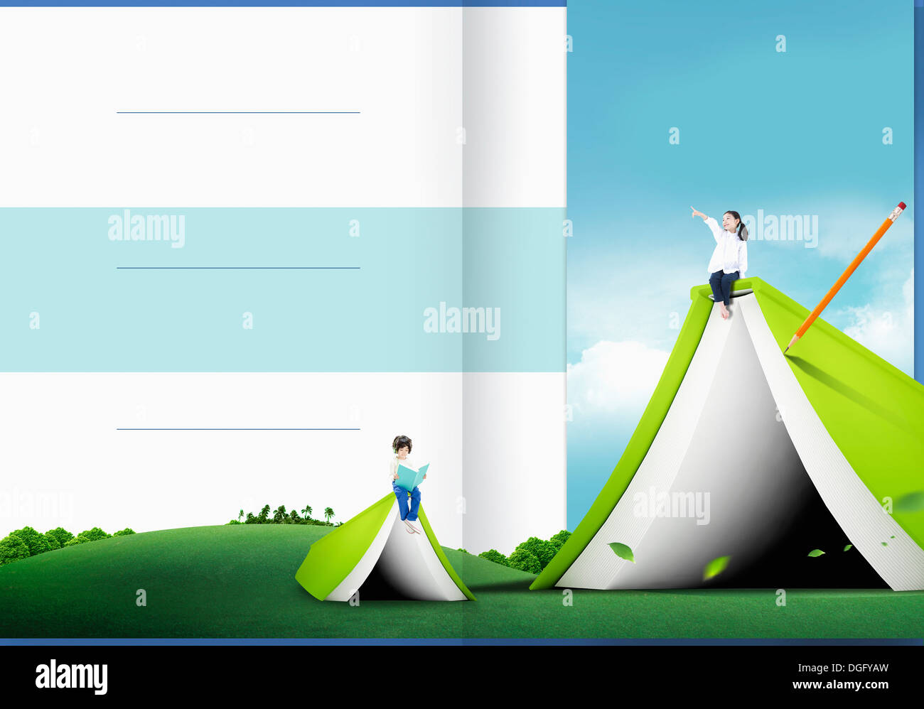 education booklet template featuring kids sitting on books Stock Photo ...