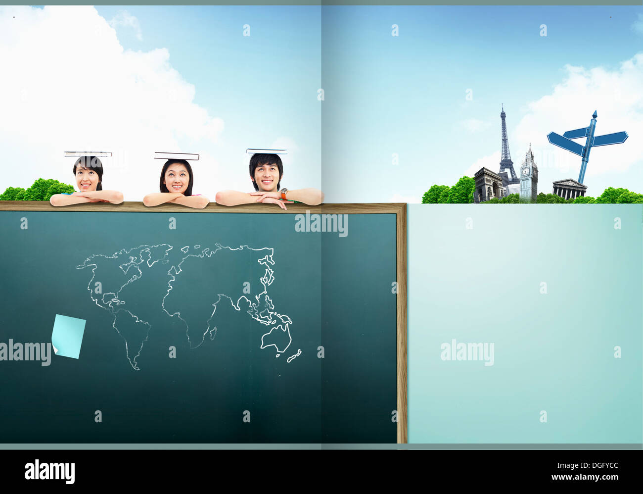 education booklet template featuring students leaning on blackboard ...