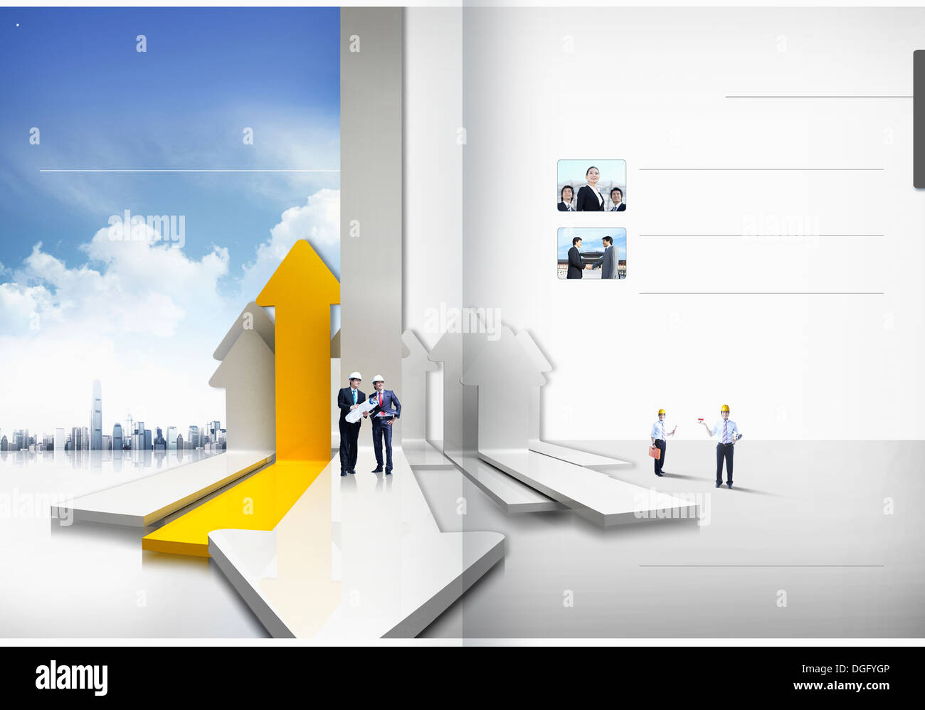 business booklet template featuring construction workers and arrows ...