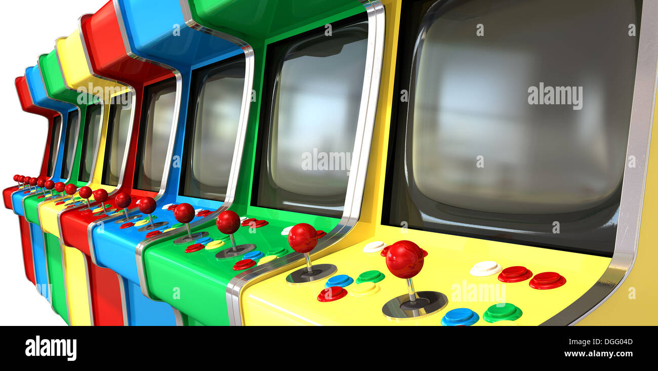 A flat row of vintage unbranded arcade games with joysticks and various ...