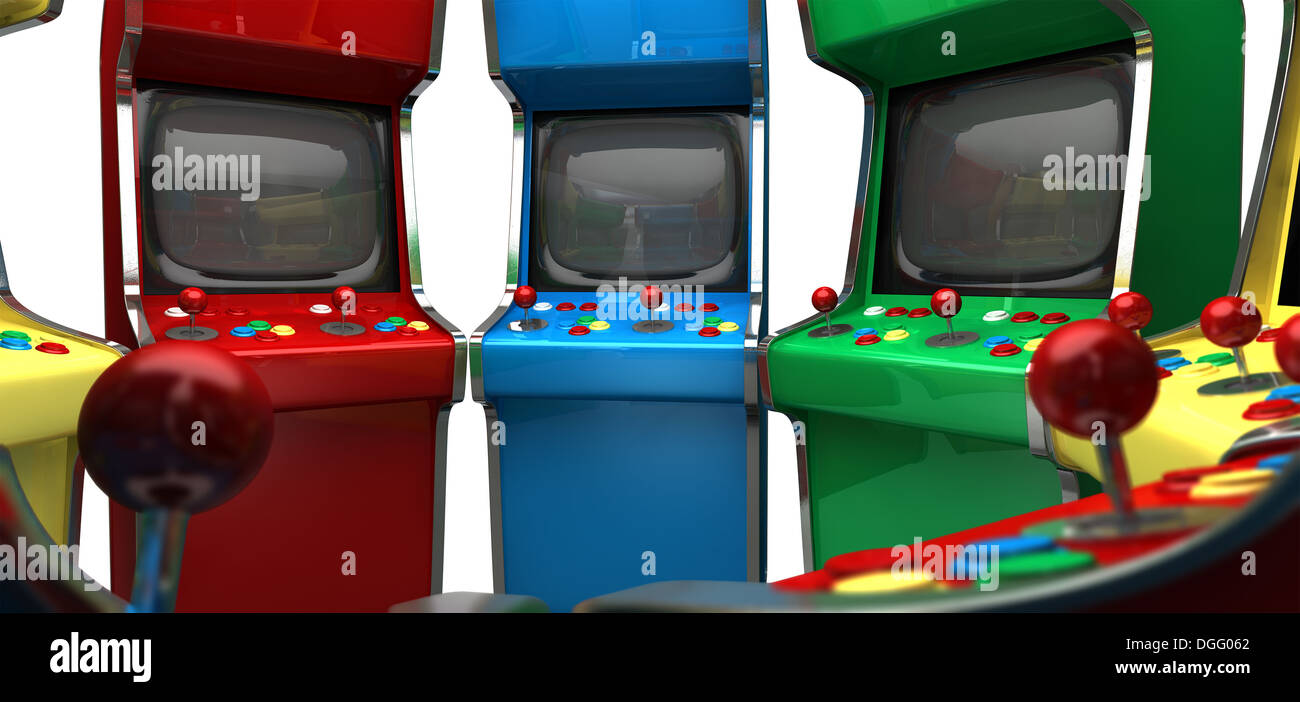 A circle of vintage unbranded arcade games with joysticks and various ...