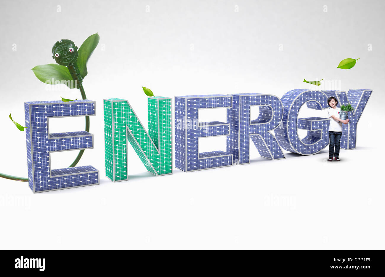 a boy standing next to the word energy Stock Photo - Alamy