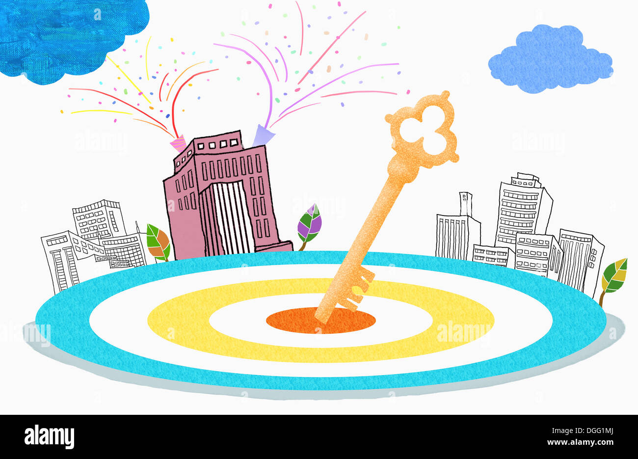 an illustration of a city next to a huge key Stock Photo - Alamy