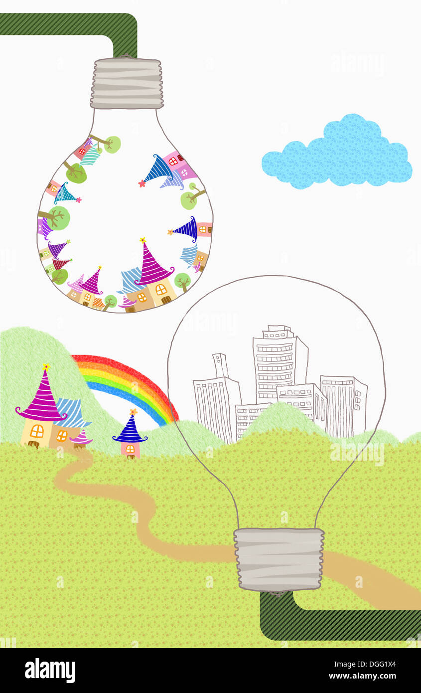 an illustration of a city inside a light bulb Stock Photo - Alamy