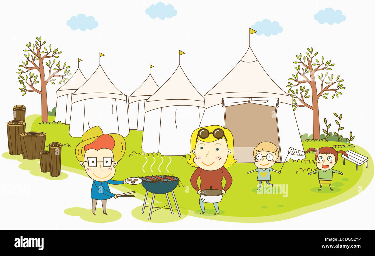 an illustration of a family camping Stock Photo - Alamy