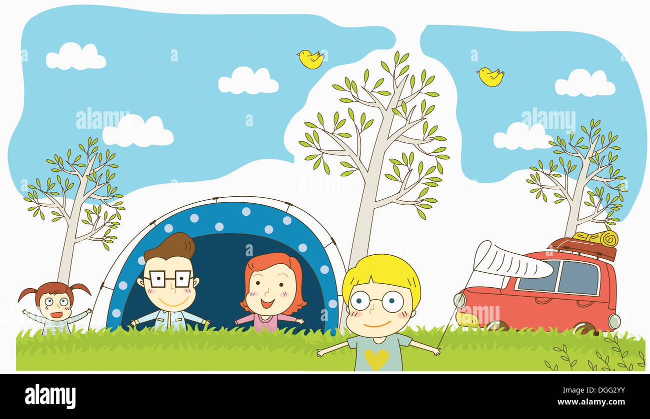 an illustration of a family camping Stock Photo - Alamy