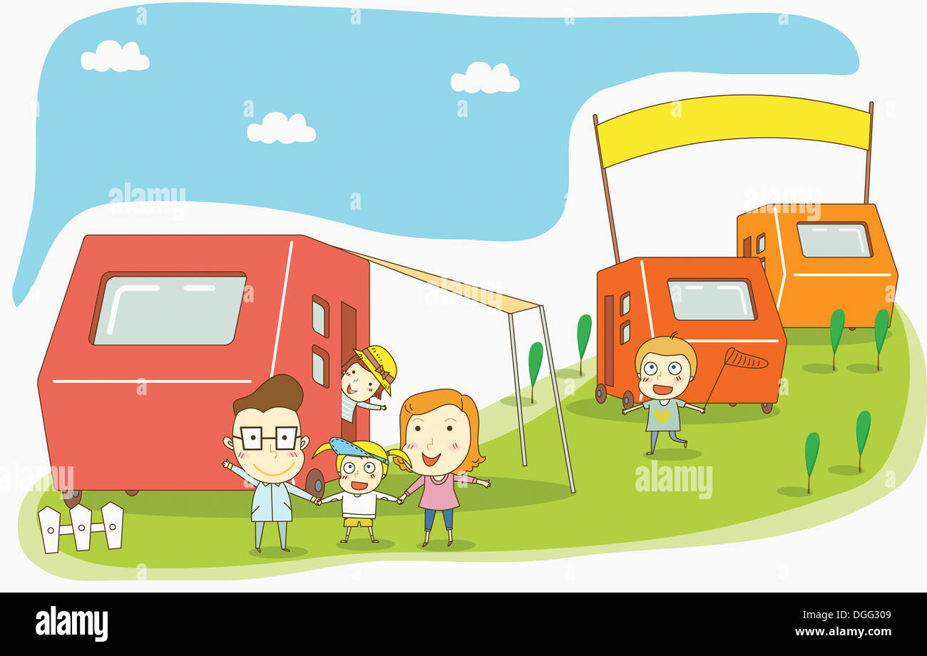 an illustration of a family camping Stock Photo - Alamy