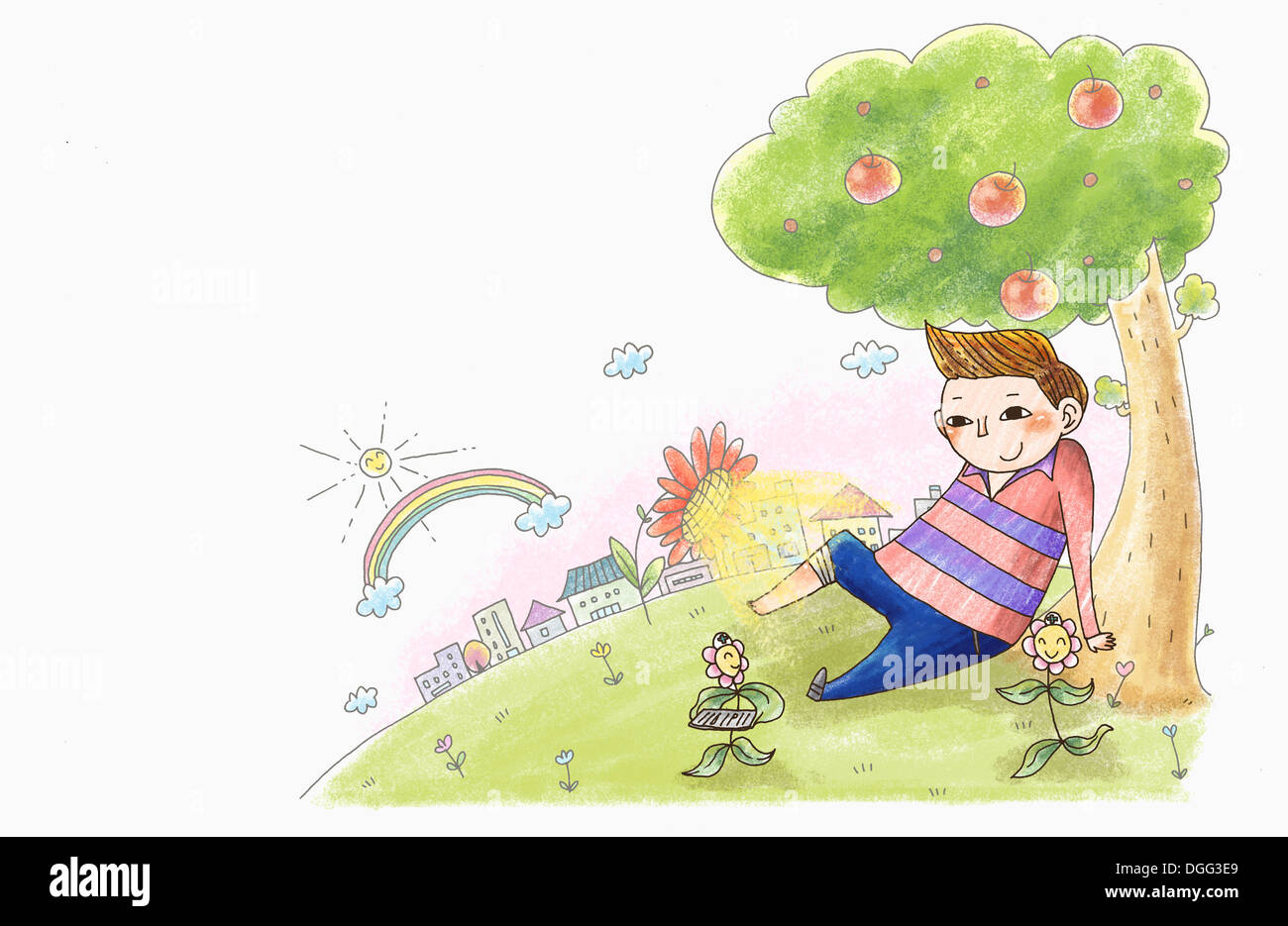 an illustration of a boy under a tree Stock Photo - Alamy