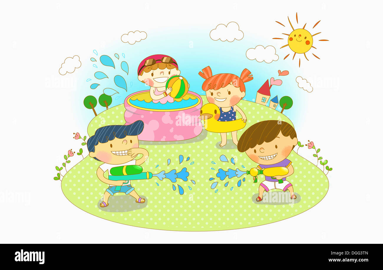 an illustration of kids playing outside Stock Photo - Alamy