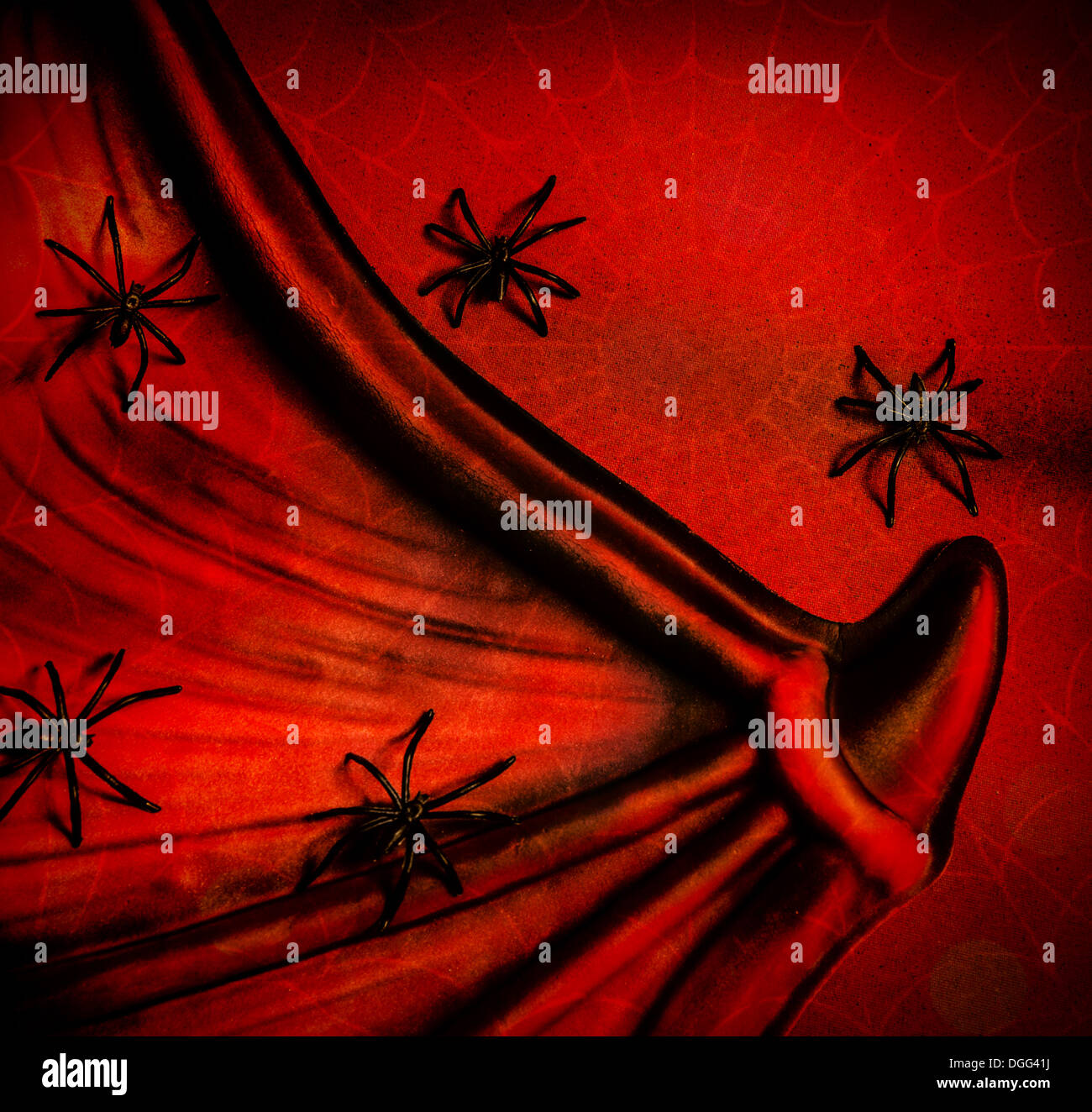Spiders on red Halloween background, collar of Dracula, spiderweb ...