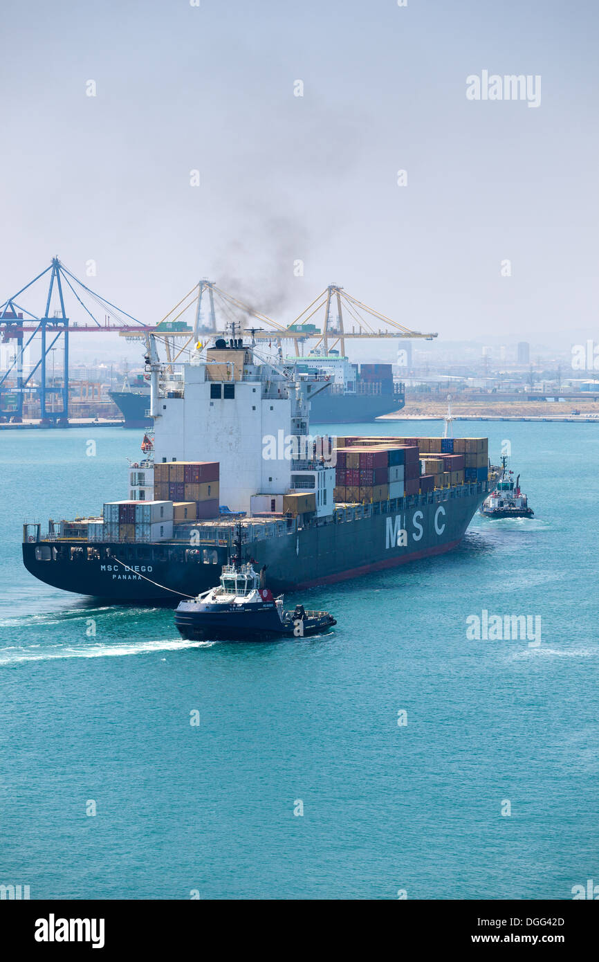 large container ship "MSC DIEGO" entering Valencia harbour Spain with ...