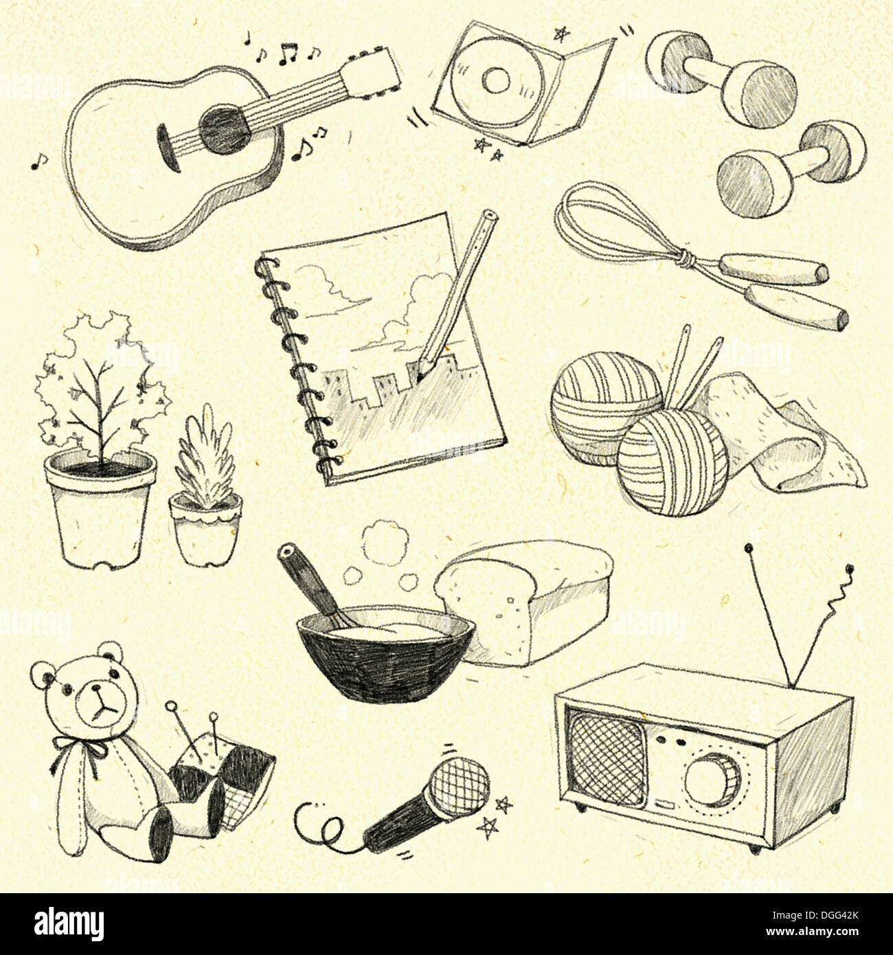 an illustration of images related to hobbies Stock Photo - Alamy