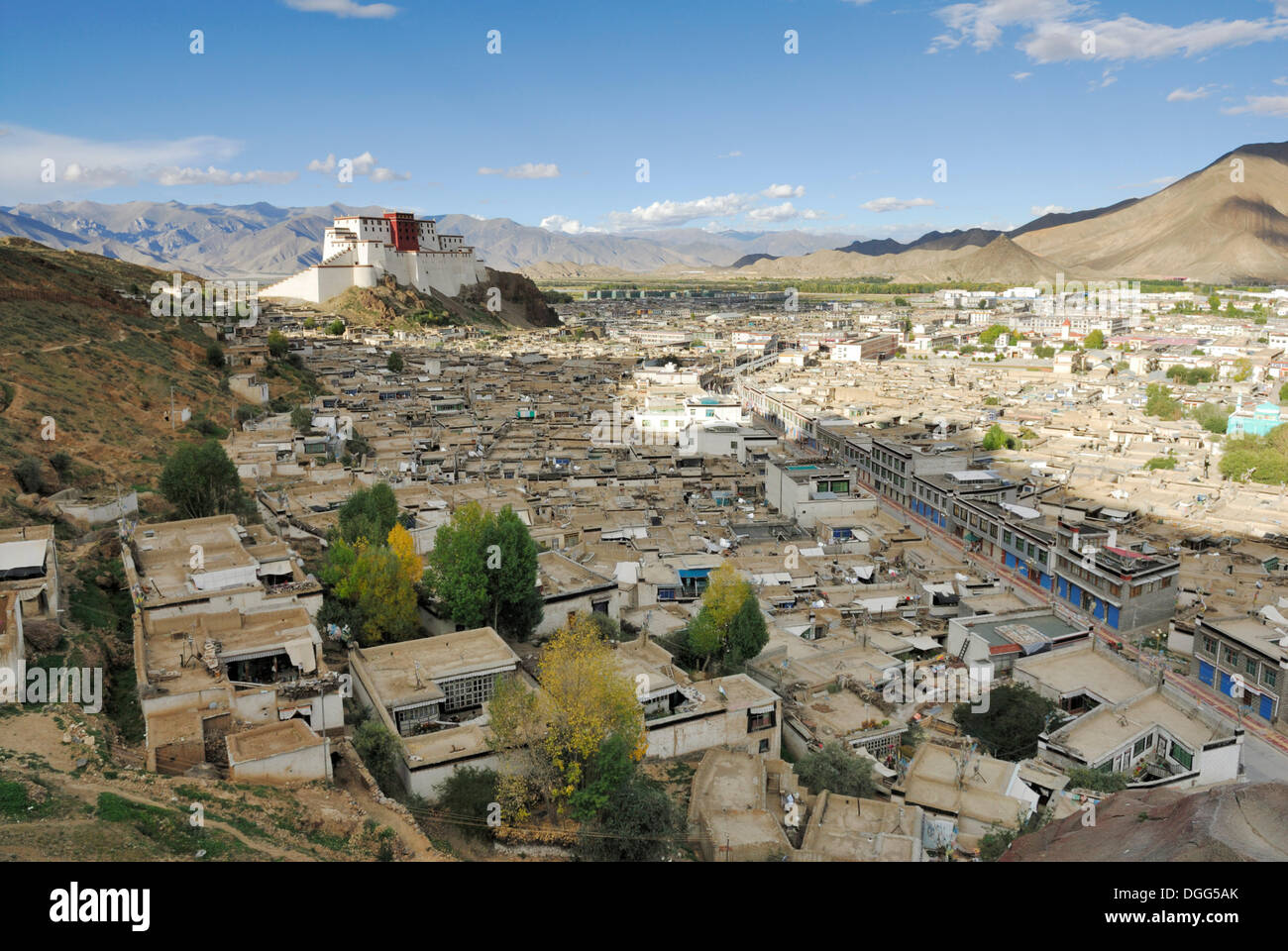 View over the historic town centre and the rebuilt Shigatse Dzong ...