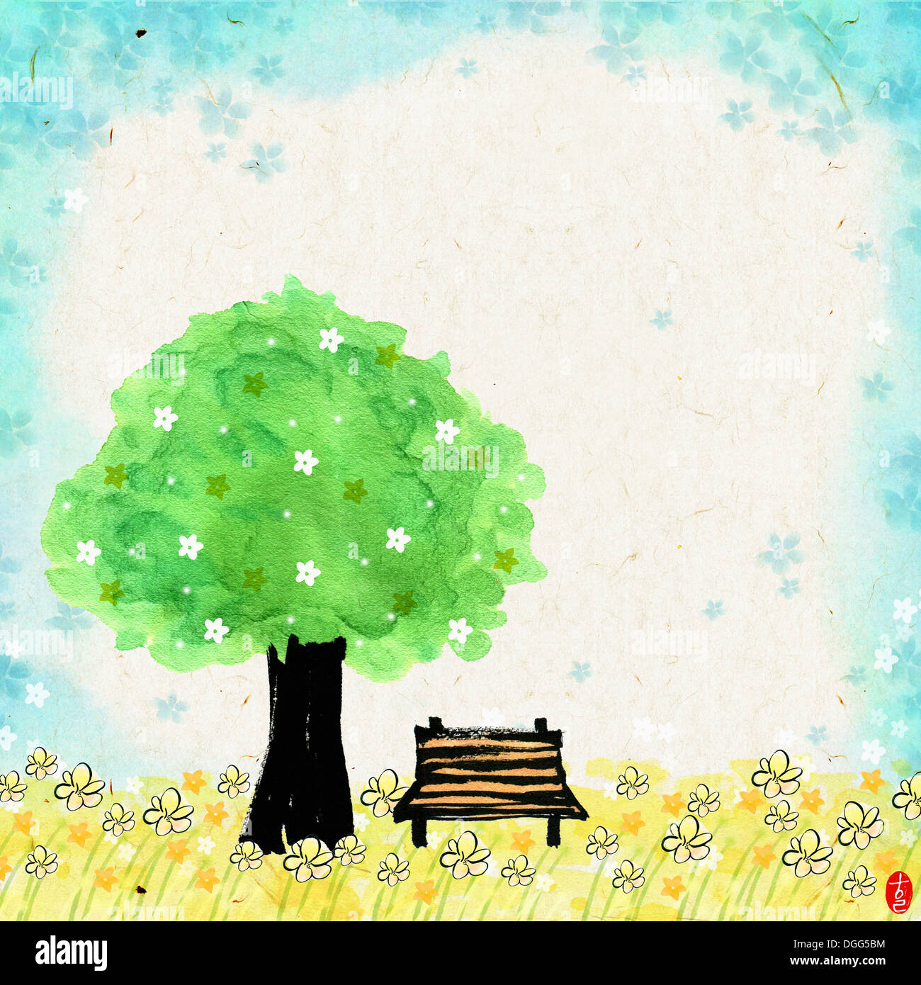 an illustration of a tree and a bench Stock Photo - Alamy