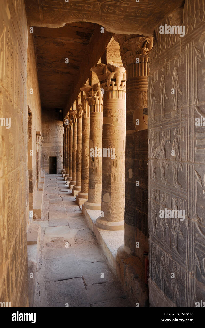Arcade, stone pillars with reliefs and hieroglyphics, Temple of Philae ...