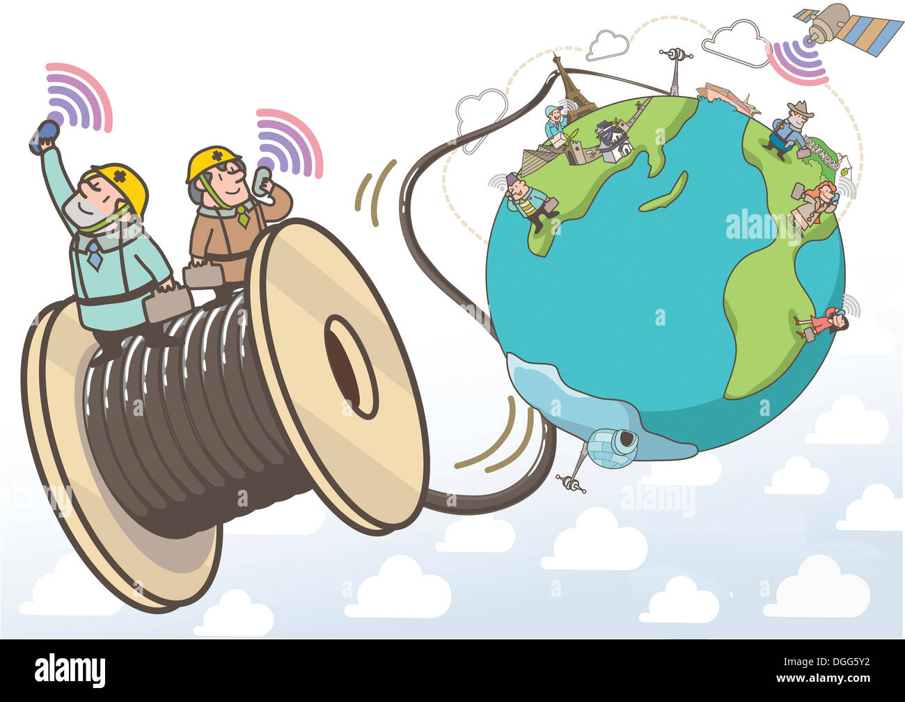 an illustration of the globe with cable workers Stock Photo - Alamy
