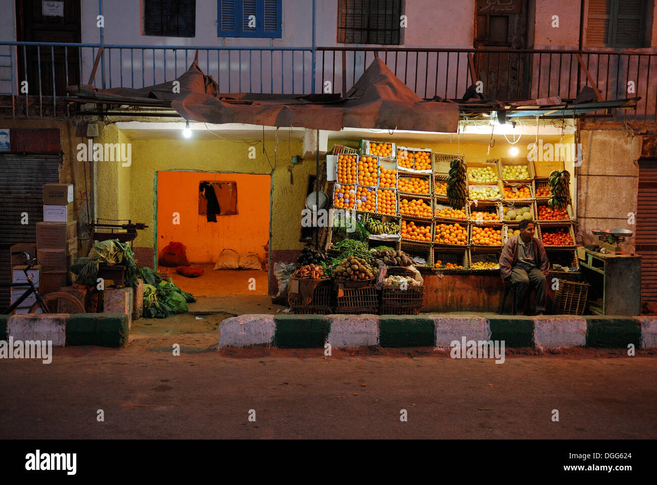 Fruit and vegetable seller, night shot, Dakhla Oasis, Libyan Desert ...