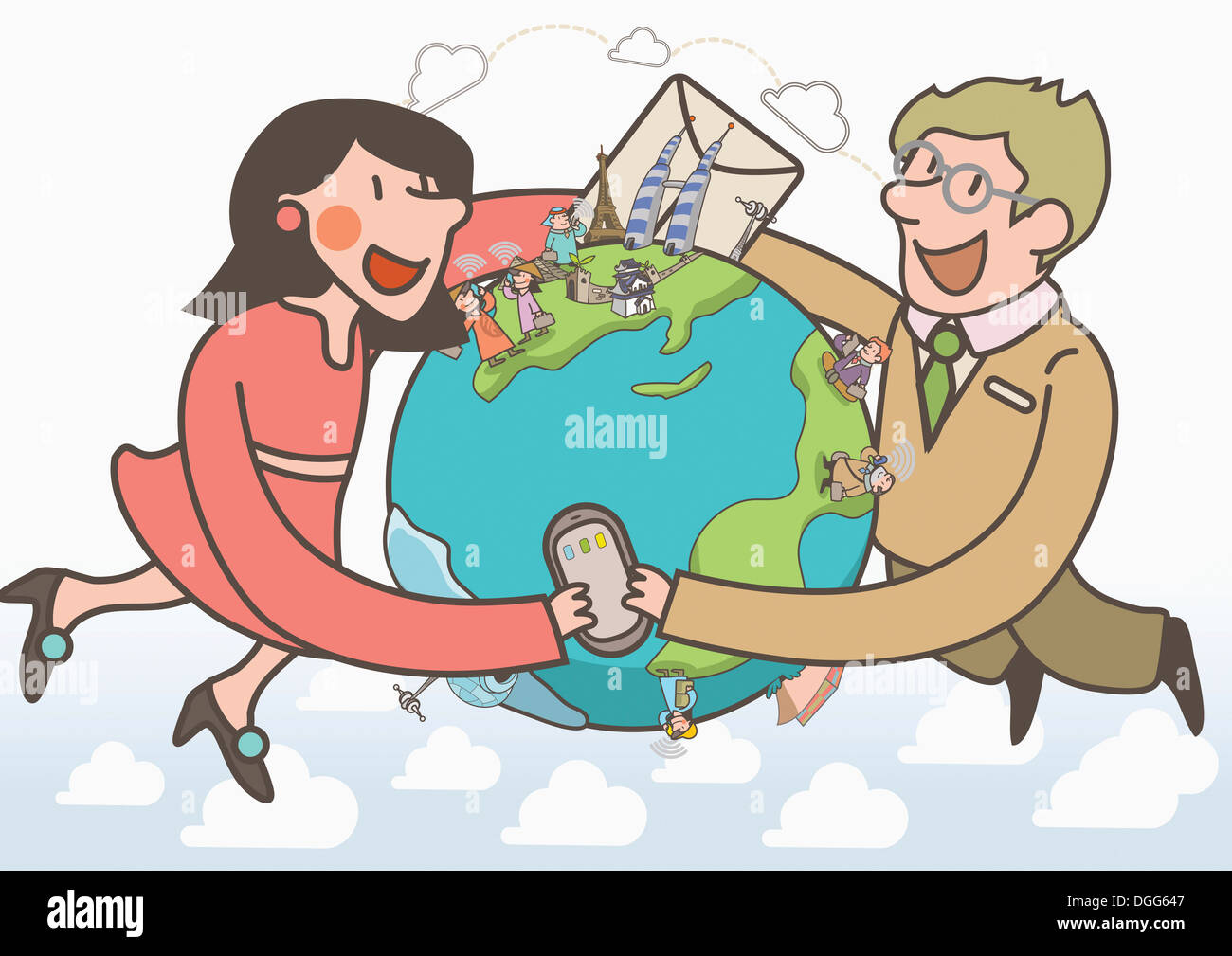 an illustration of two people hugging the globe Stock Photo - Alamy