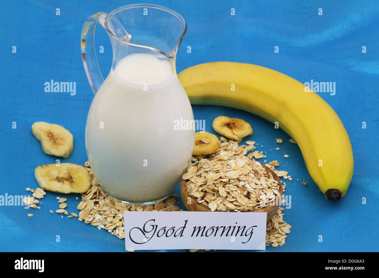 Good morning card with oatmeal, banana, banana chips and jar of milk on ...