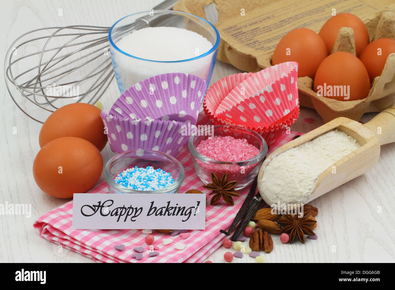 Happy baking card with selection of ingredients Stock Photo - Alamy