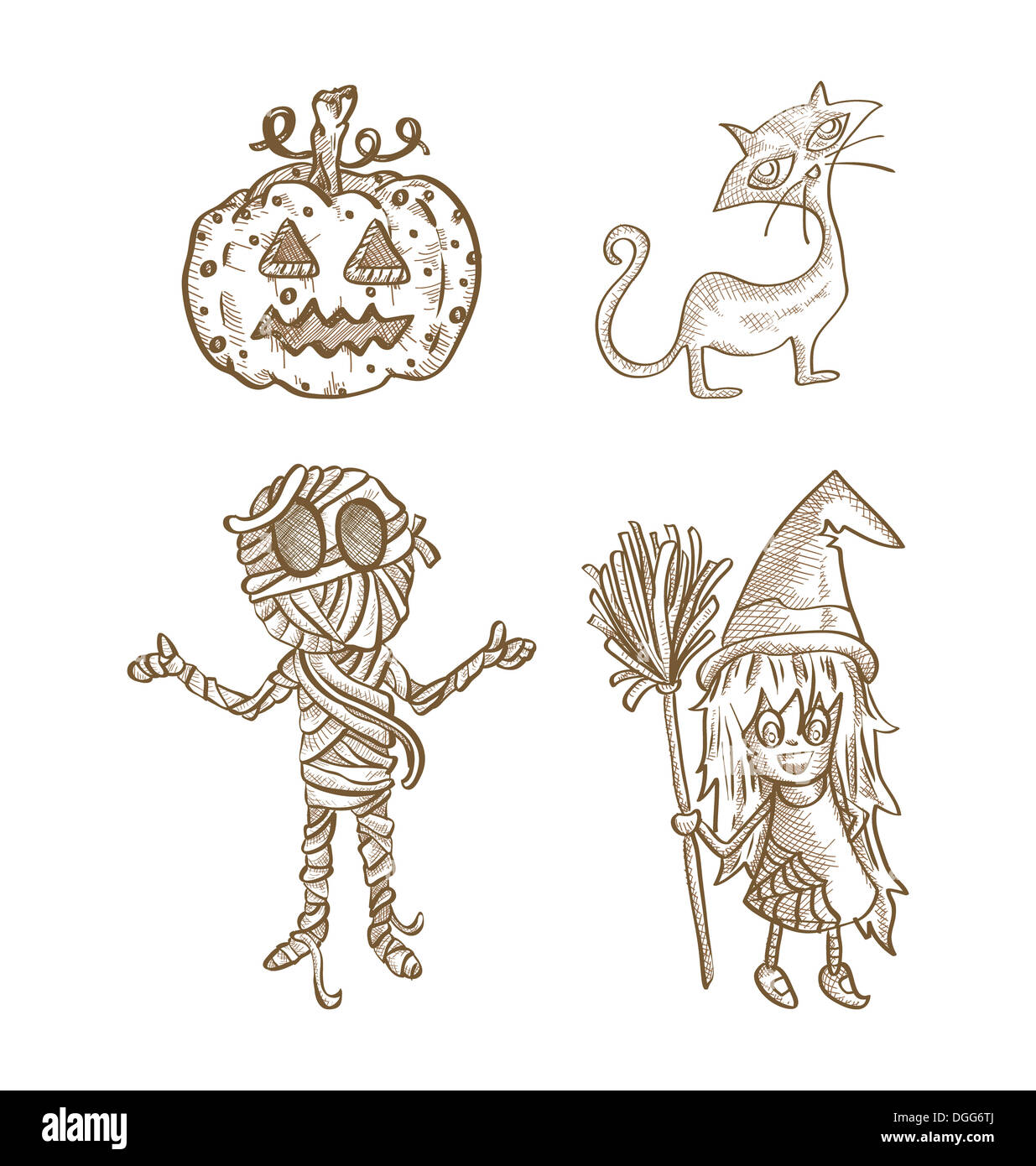 Set of halloween monster illustrations in hand drawn sketch style ...